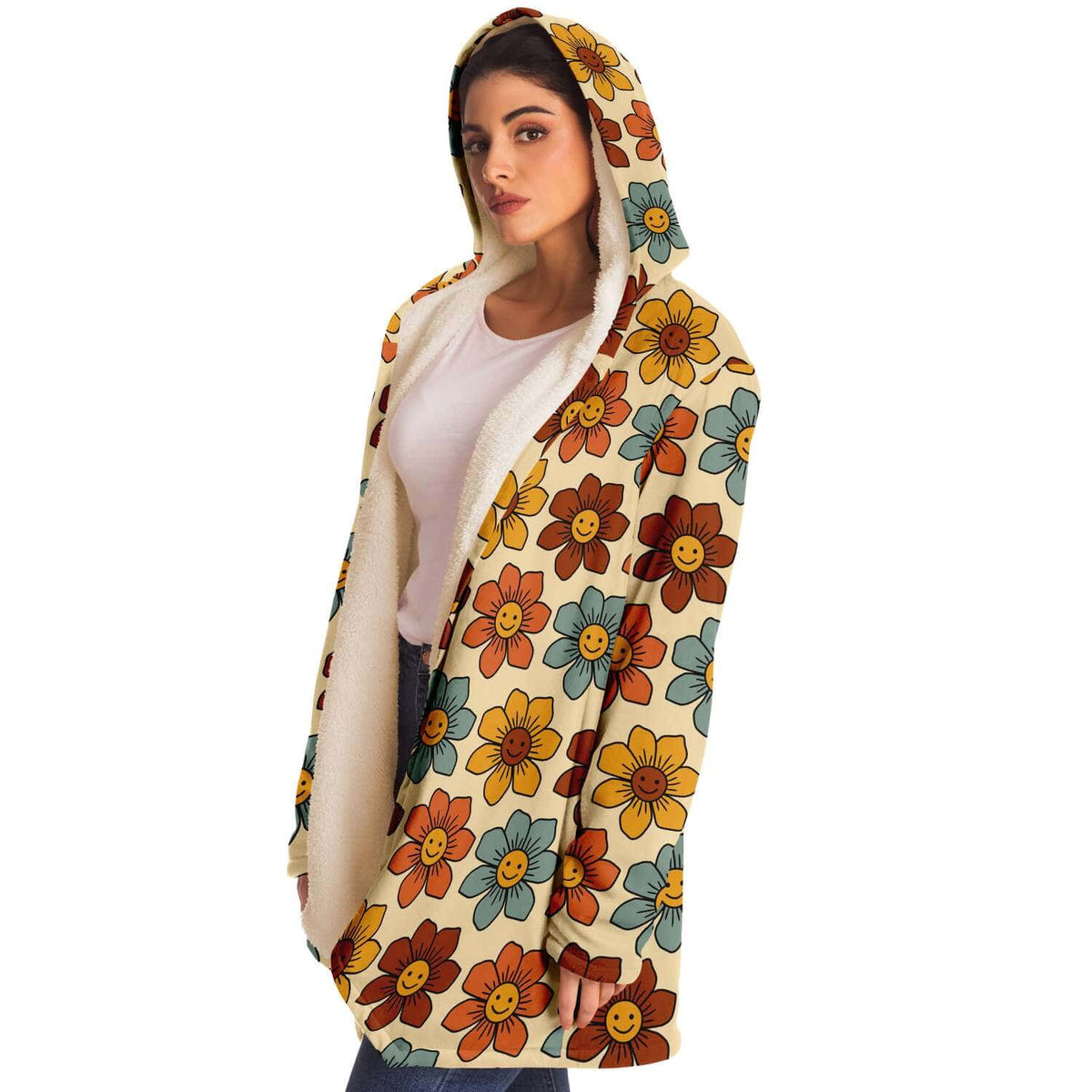 Retro 70s Smiling Flowers Hooded Cloak, Floral Clothing | Raiana’s ...